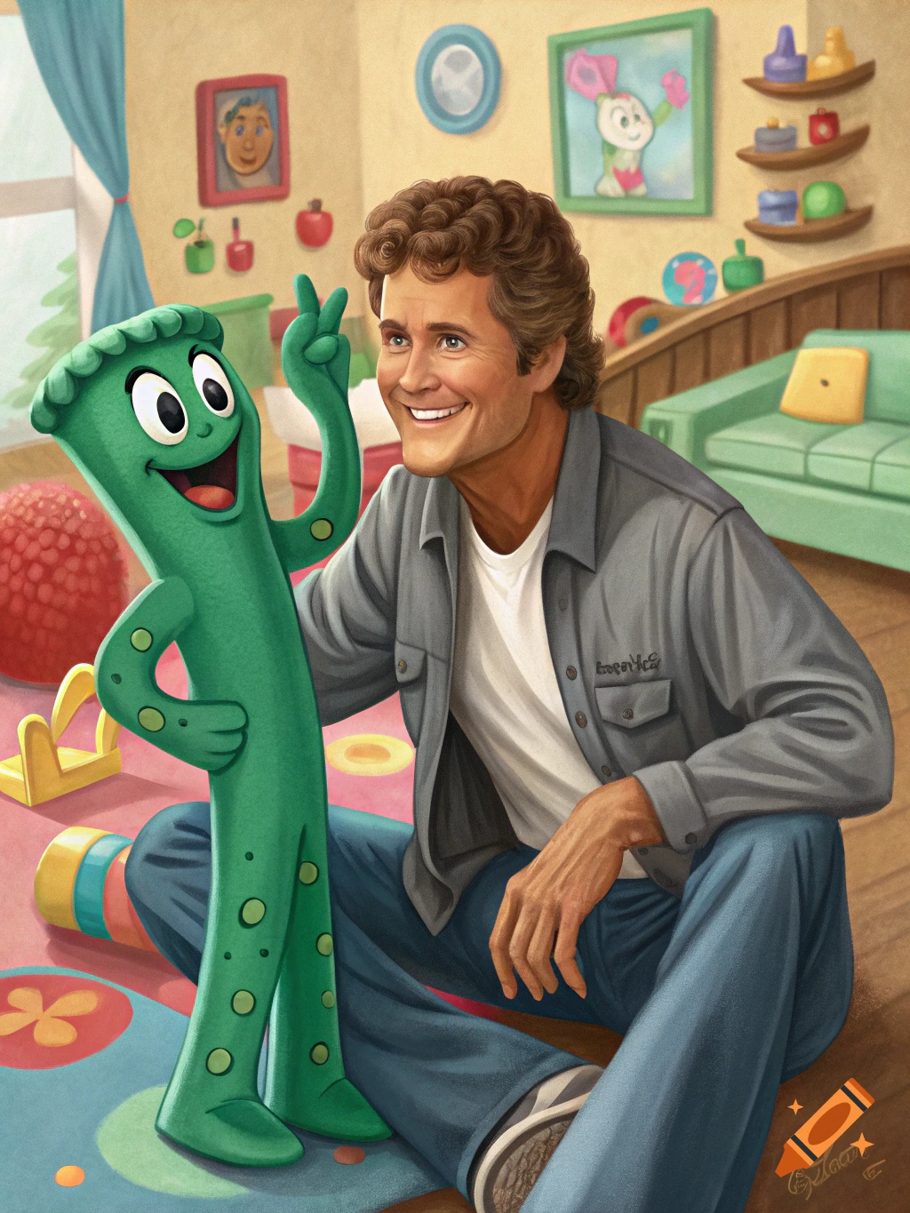 Illustration of a man resembling David Hasselhoff sitting on the floor ...