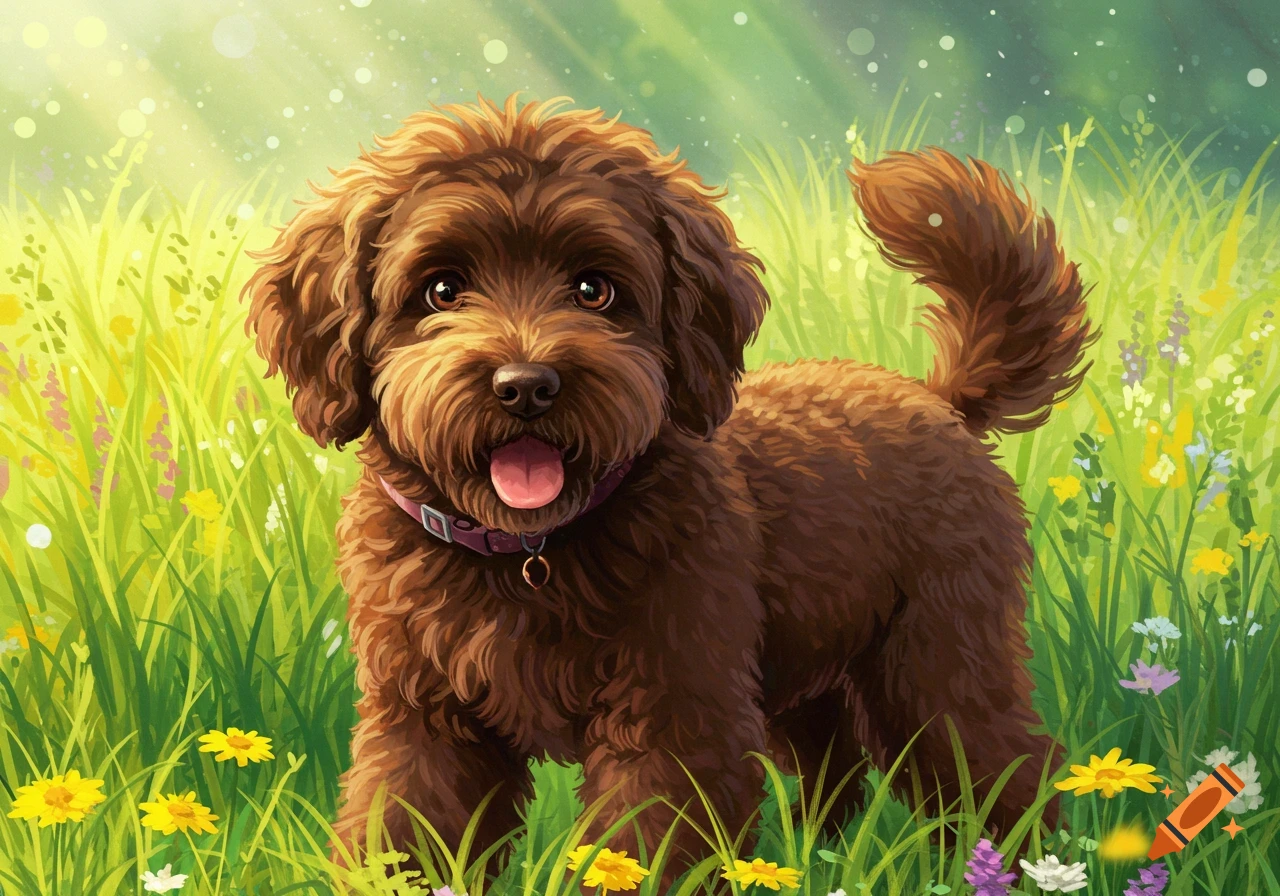 A chocolate labradoodle dog stands in a field of flowers. on Craiyon