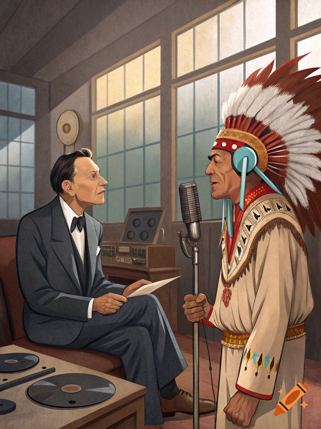 Illustration of a man in a suit interviewing a man in indigenous ...