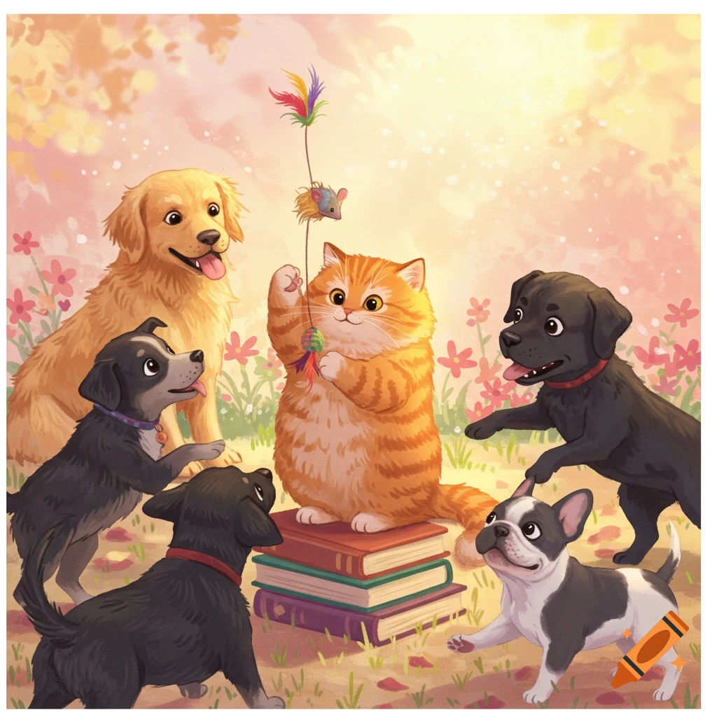 A cat sits on books and plays with a toy, surrounded by five dogs. on ...