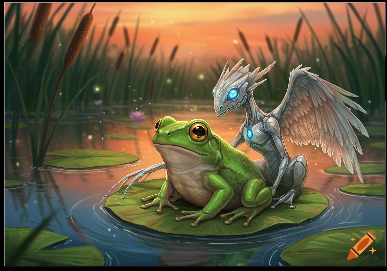 A teal frog with a white beard and backpack floats in a dim hallway on ...