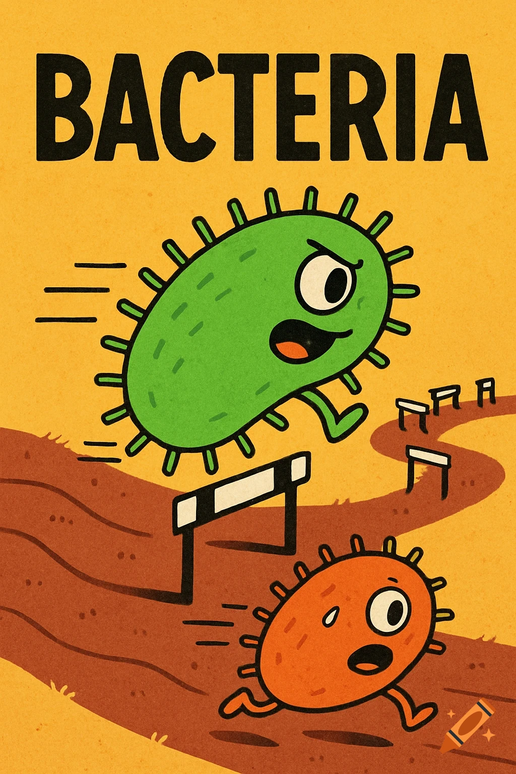 Two bacteria racing, one faster with hurdles on Craiyon