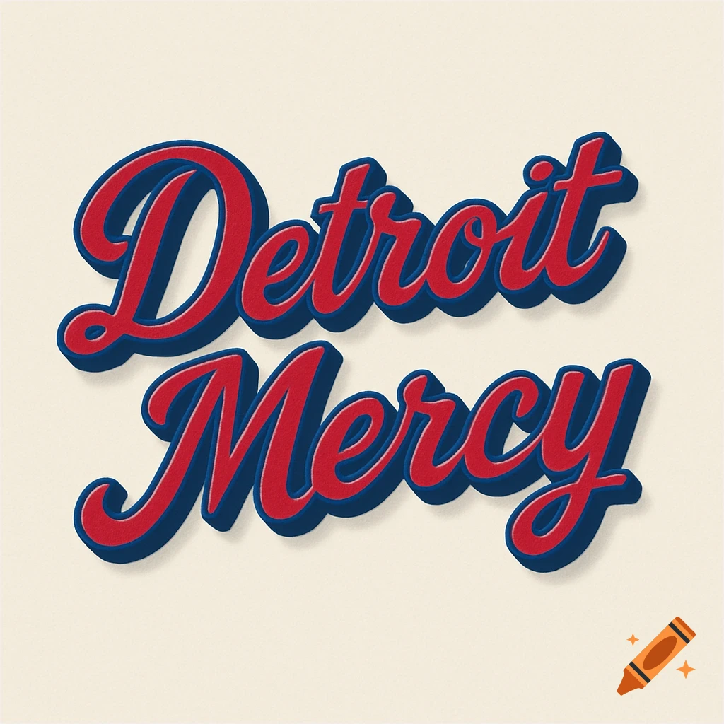 Detroit Mercy text in 3D cursive font on Craiyon