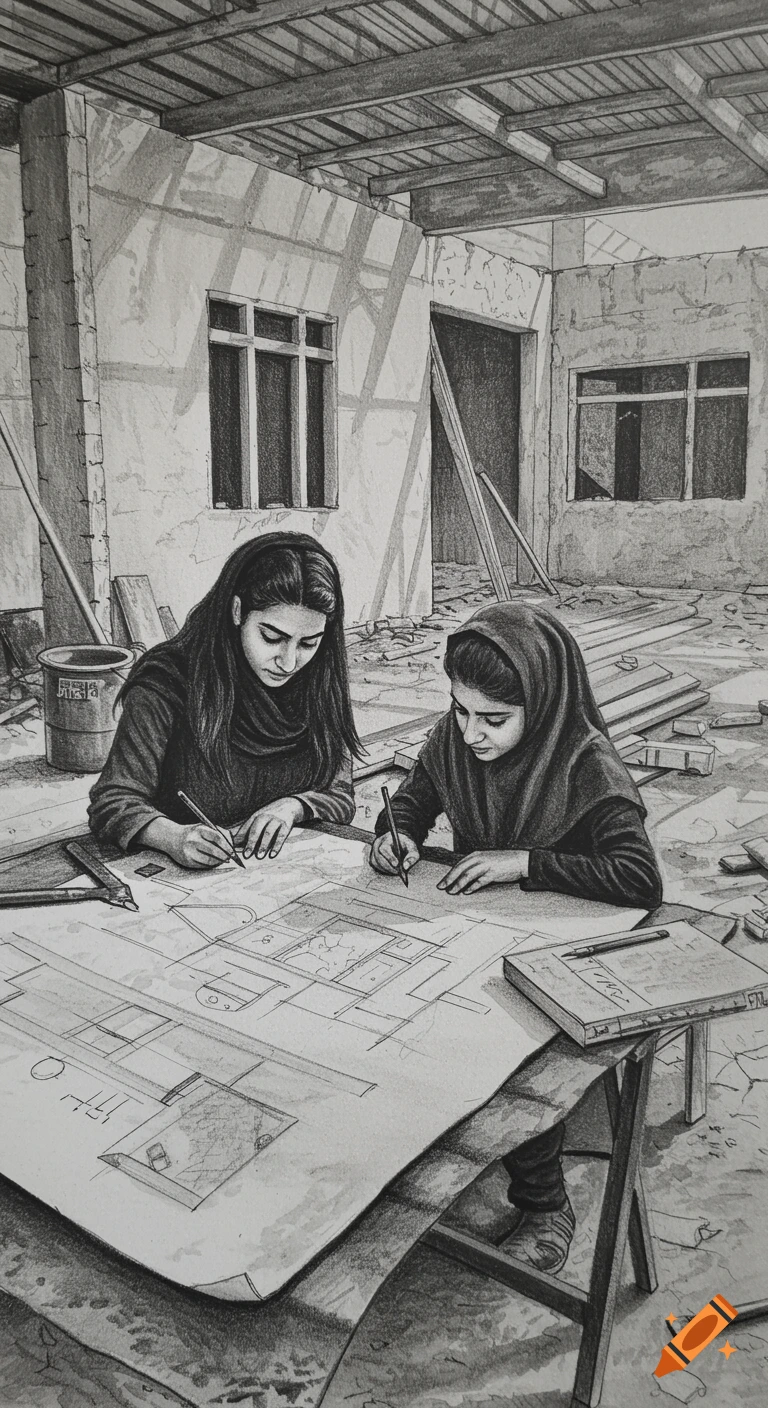 Charcoal drawing of Iranian girls designing a project in front of a ...