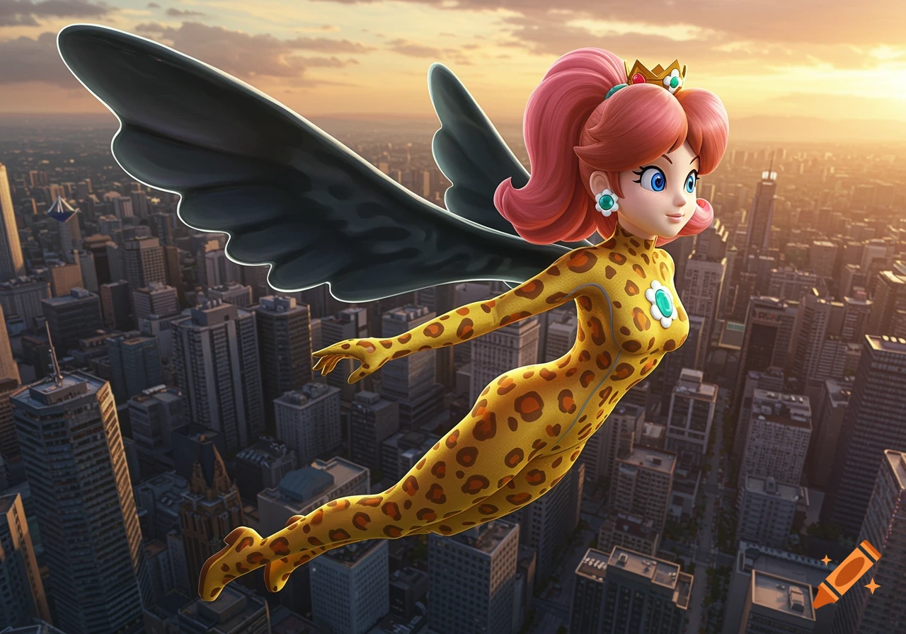 Princess Daisy in cheetah suit flying over city on Craiyon