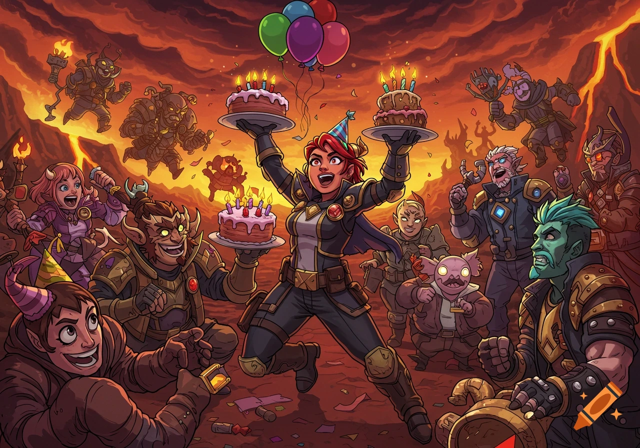 Fantasy characters celebrate a birthday with cake, balloons, and ...