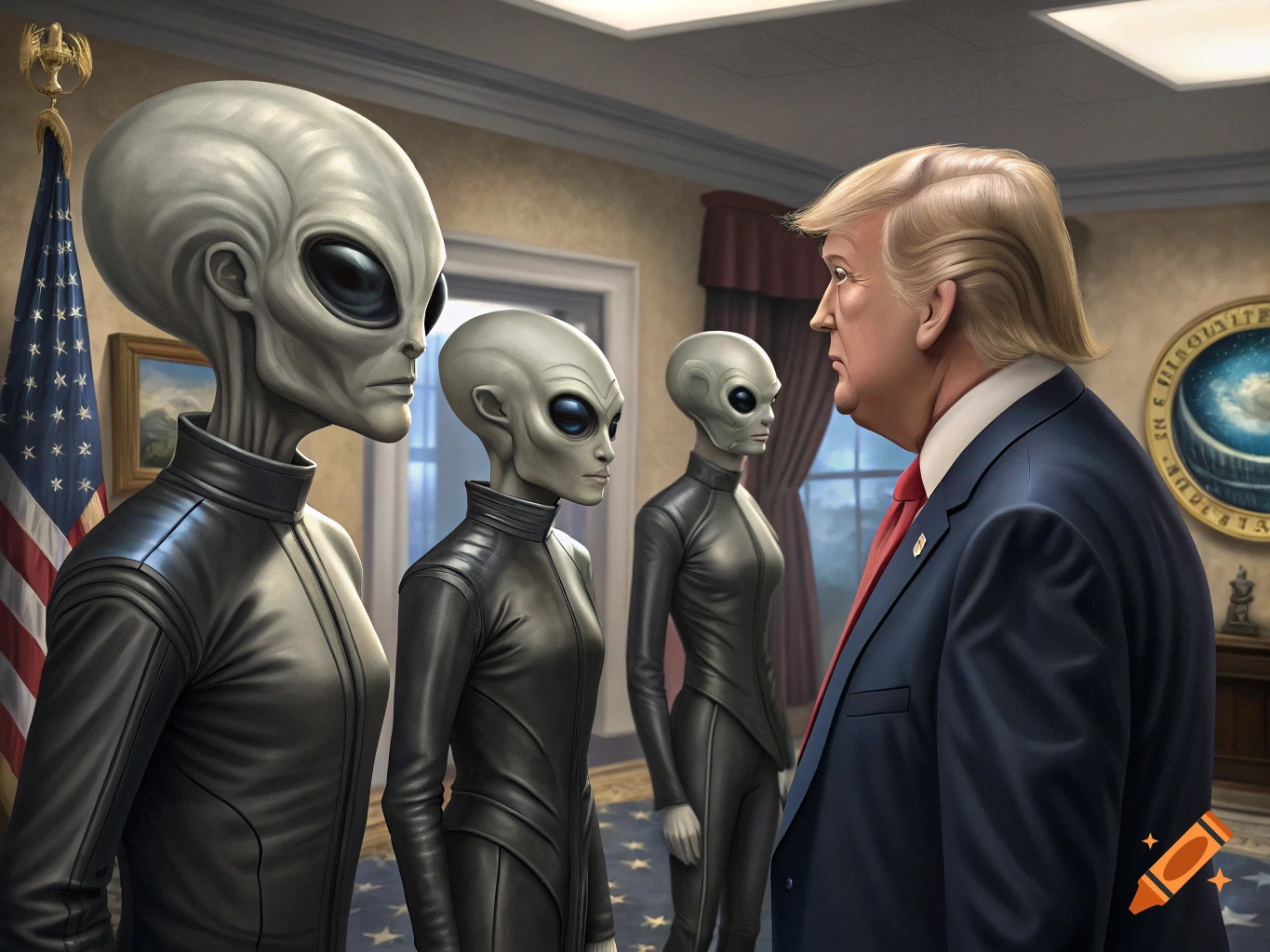 An alien-like Donald Trump in a suit stands in a city at night with flying saucers overhead, in ...