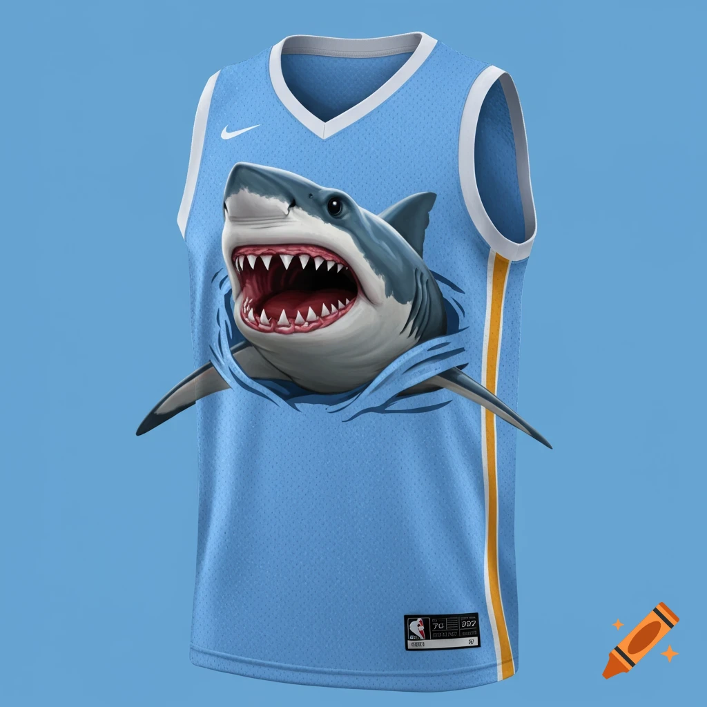 Light blue basketball jersey with a realistic shark graphic bursting ...