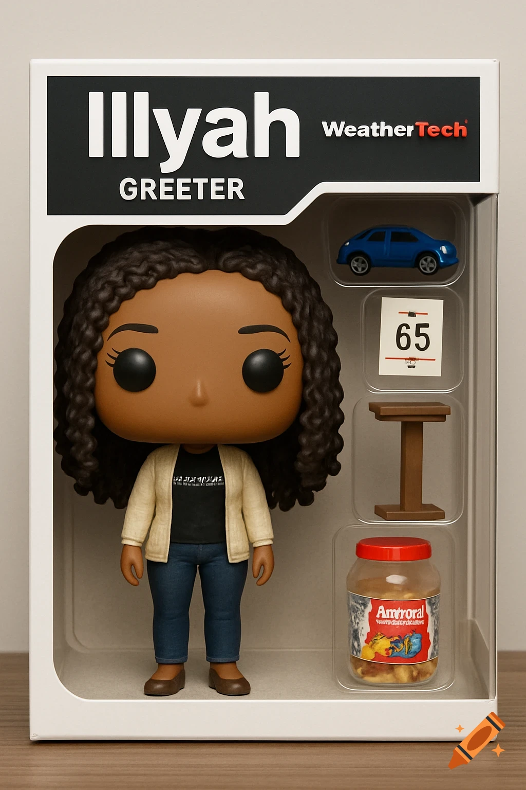 Funko Pop of Illyah, WeatherTech Greeter, with accessories and logo ...
