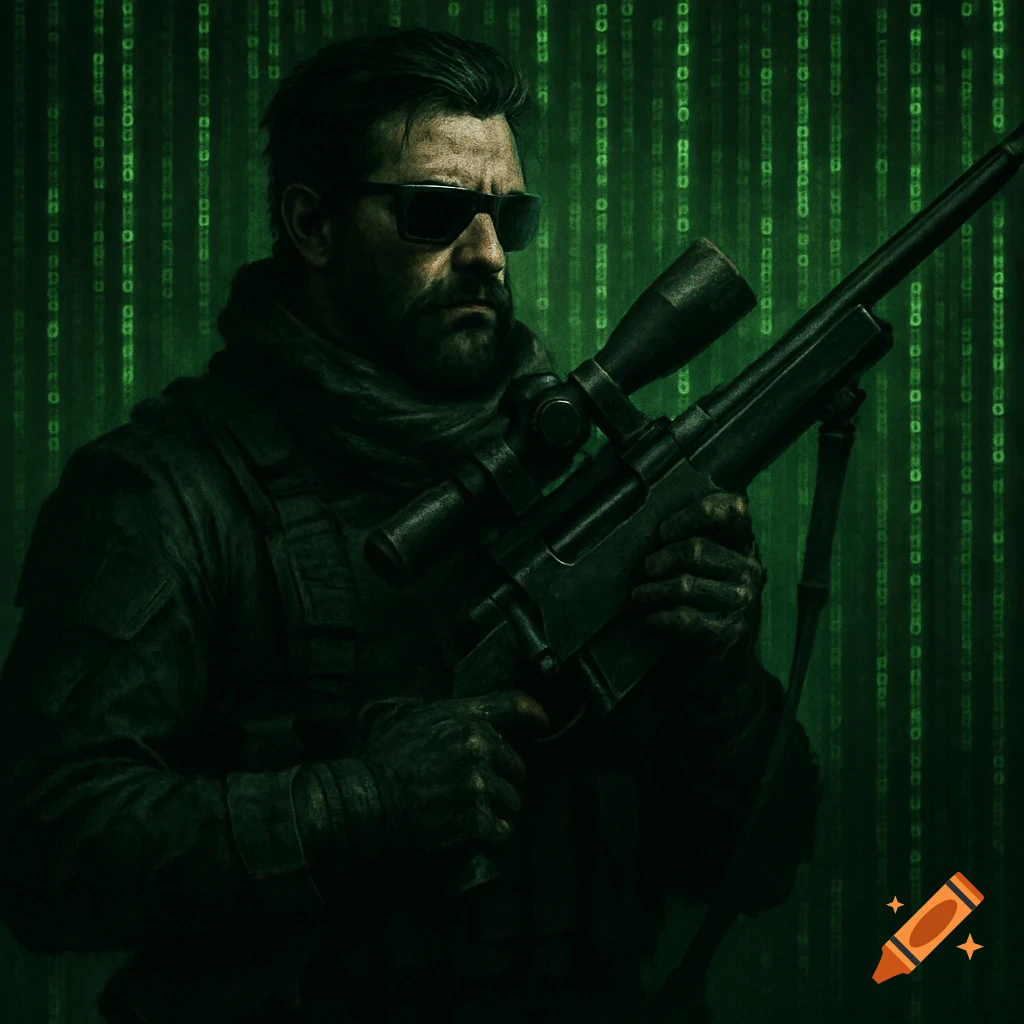A man in tactical gear holds a sniper rifle against a green matrix code ...