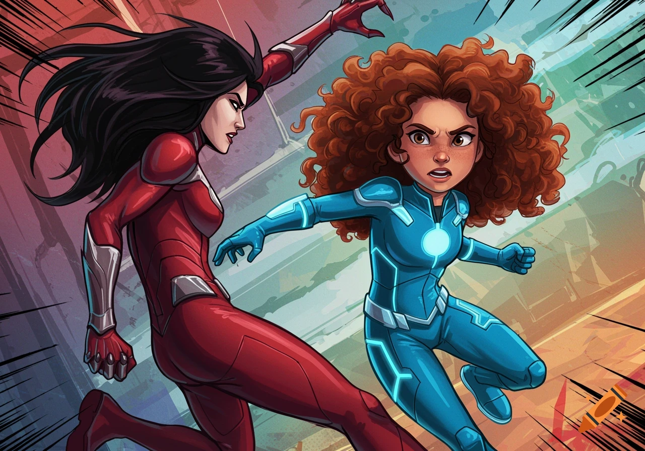 Girl in blue superhero suit fighting villain on Craiyon