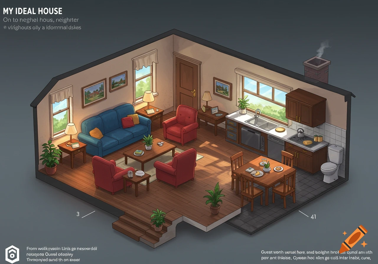 Normal house interior with living room, kitchen, and guest bathroom. on ...