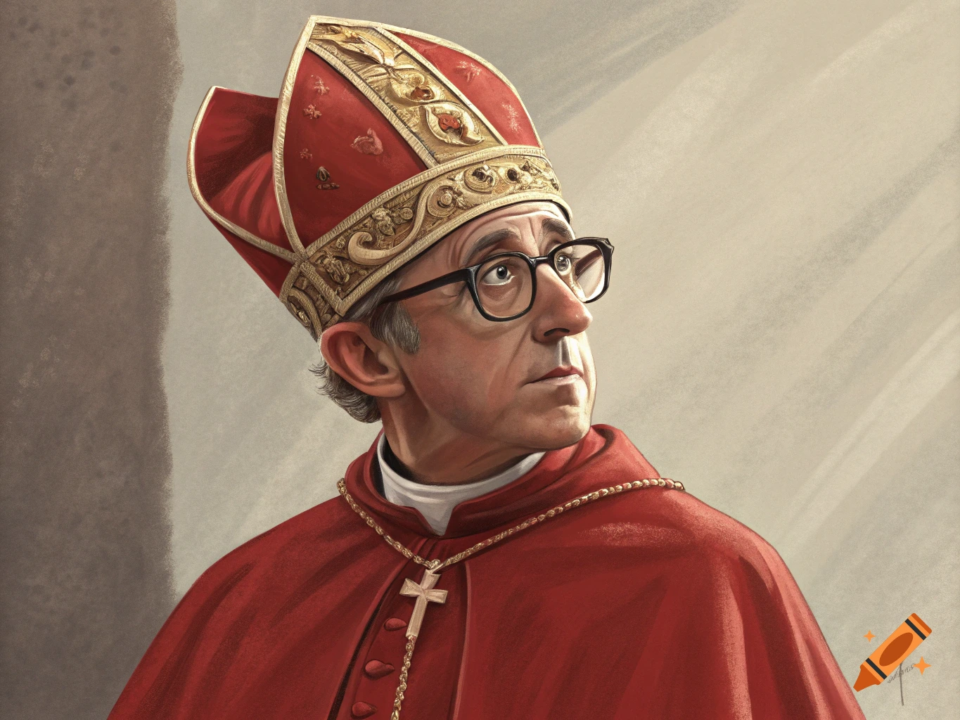 Angry man resembling John Goodman in a red pope outfit on Craiyon