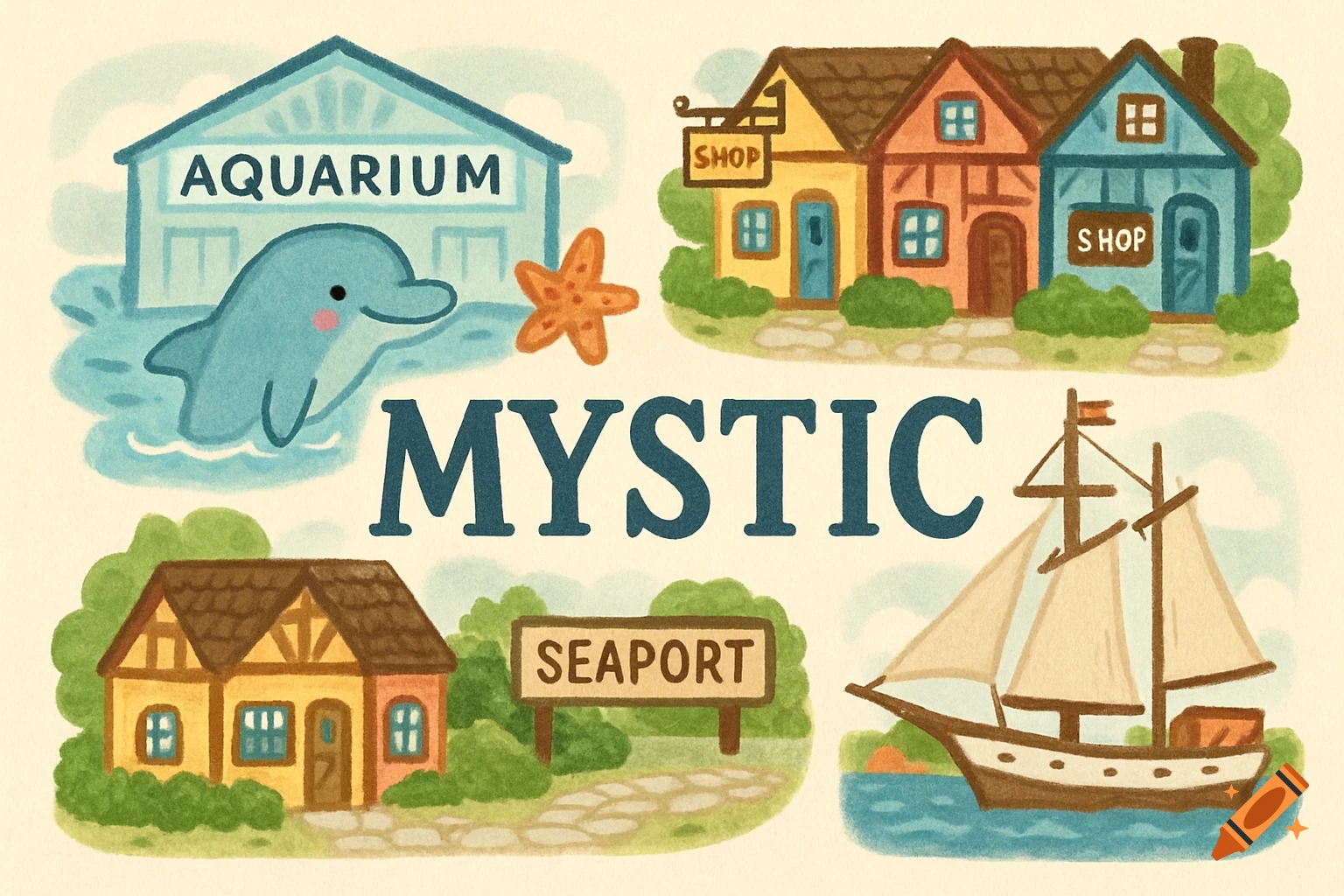 Cute drawing of Mystic, CT featuring the aquarium, Olde Mystic Village ...