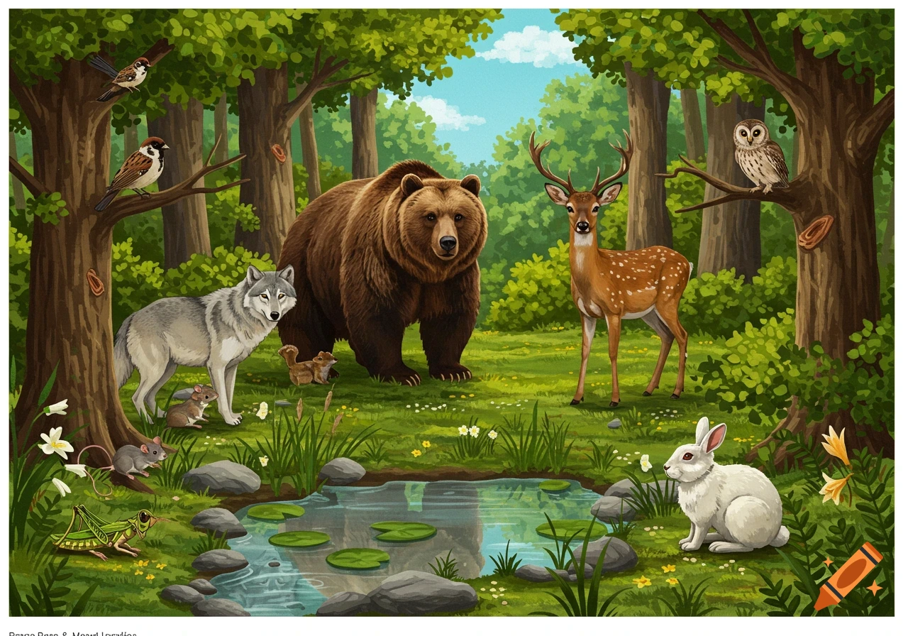 Forest scene with bear, wolf, deer, and other wildlife on Craiyon