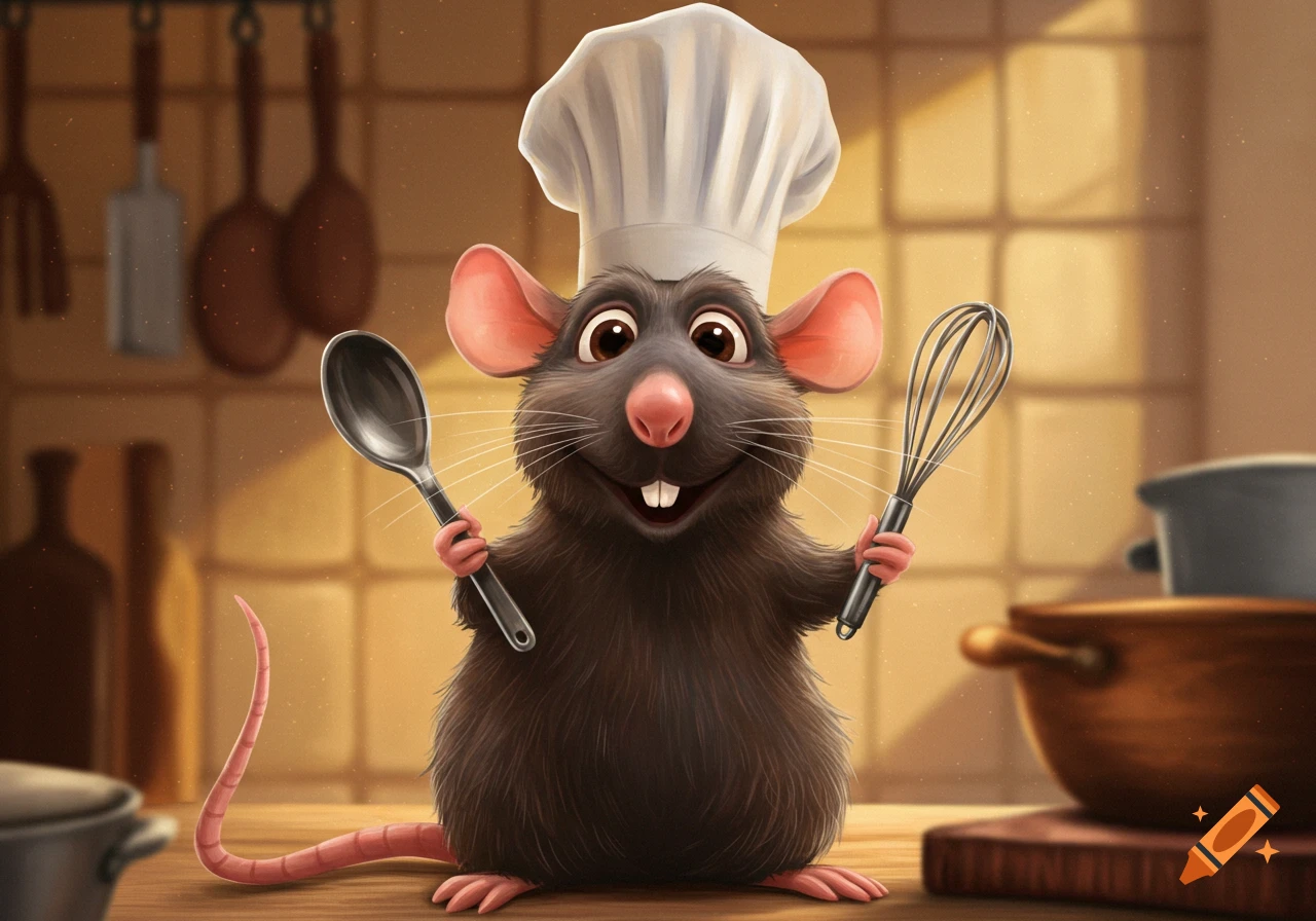 A cute cartoon rat wears a chef's hat, holding a spoon and whisk in a ...