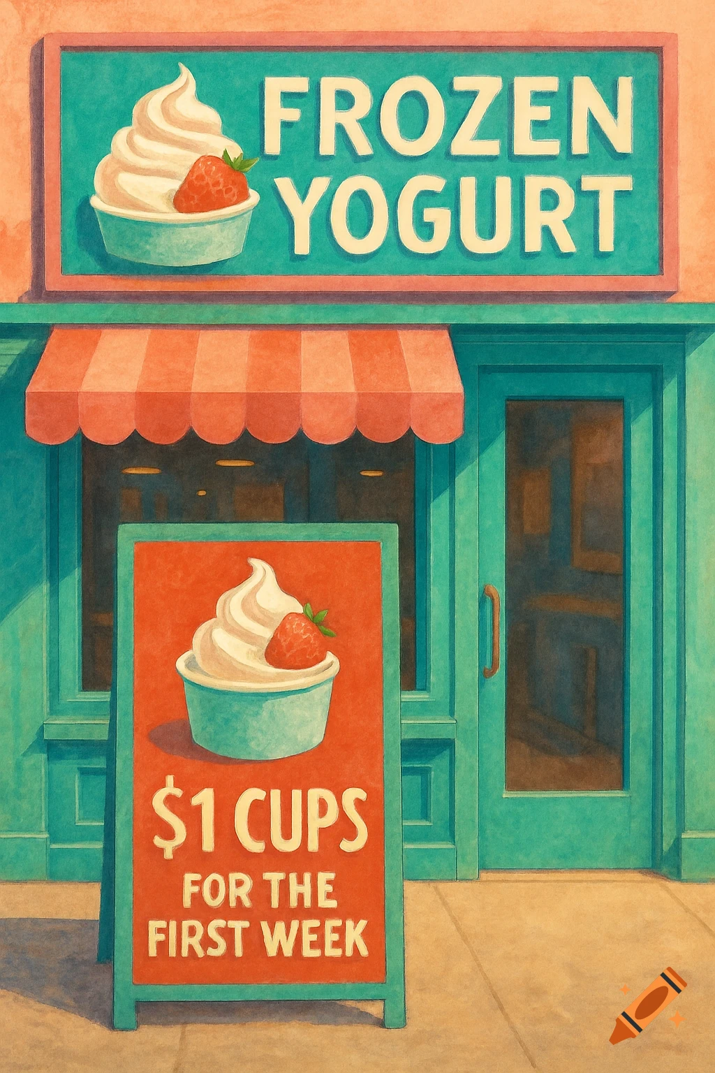 A frozen yogurt shop storefront with signs. on Craiyon