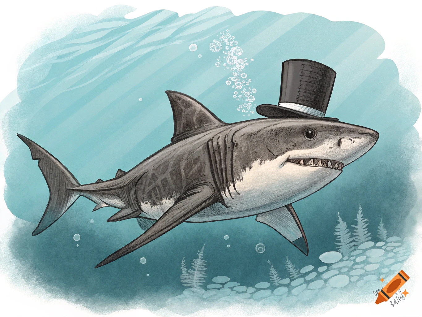 Illustration of a shark wearing a top hat underwater. on Craiyon