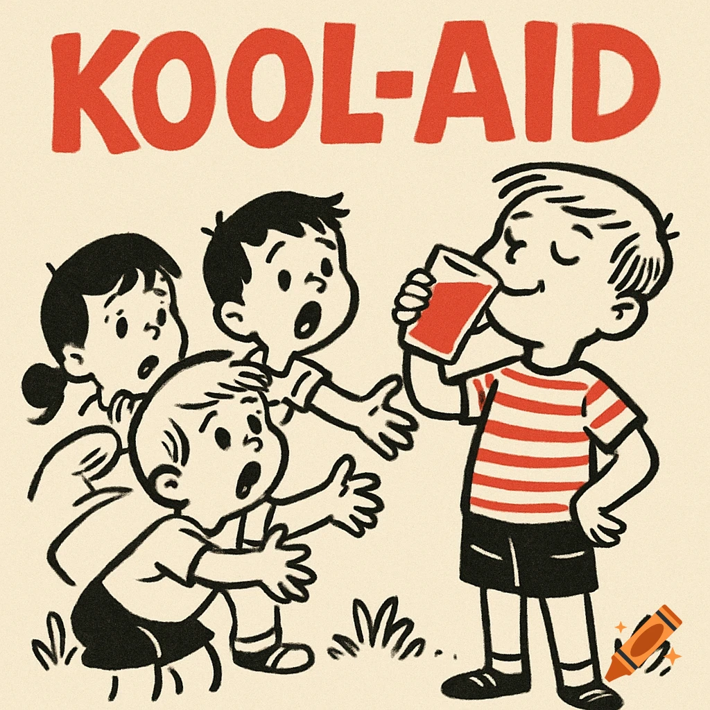 Retro cartoon illustration of children reaching for a glass of Kool-Aid ...