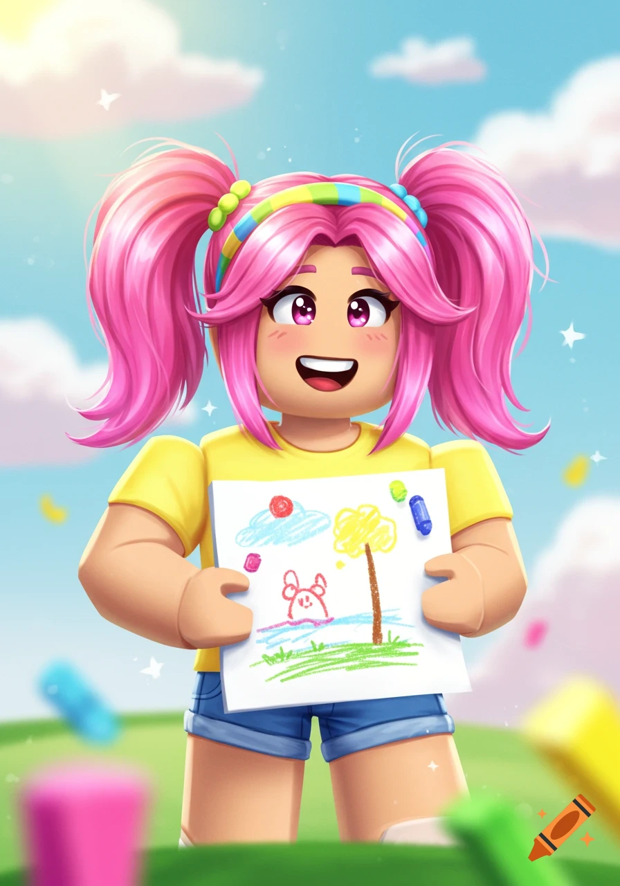 A cartoon Roblox character holds a large paintbrush covered in colorful ...