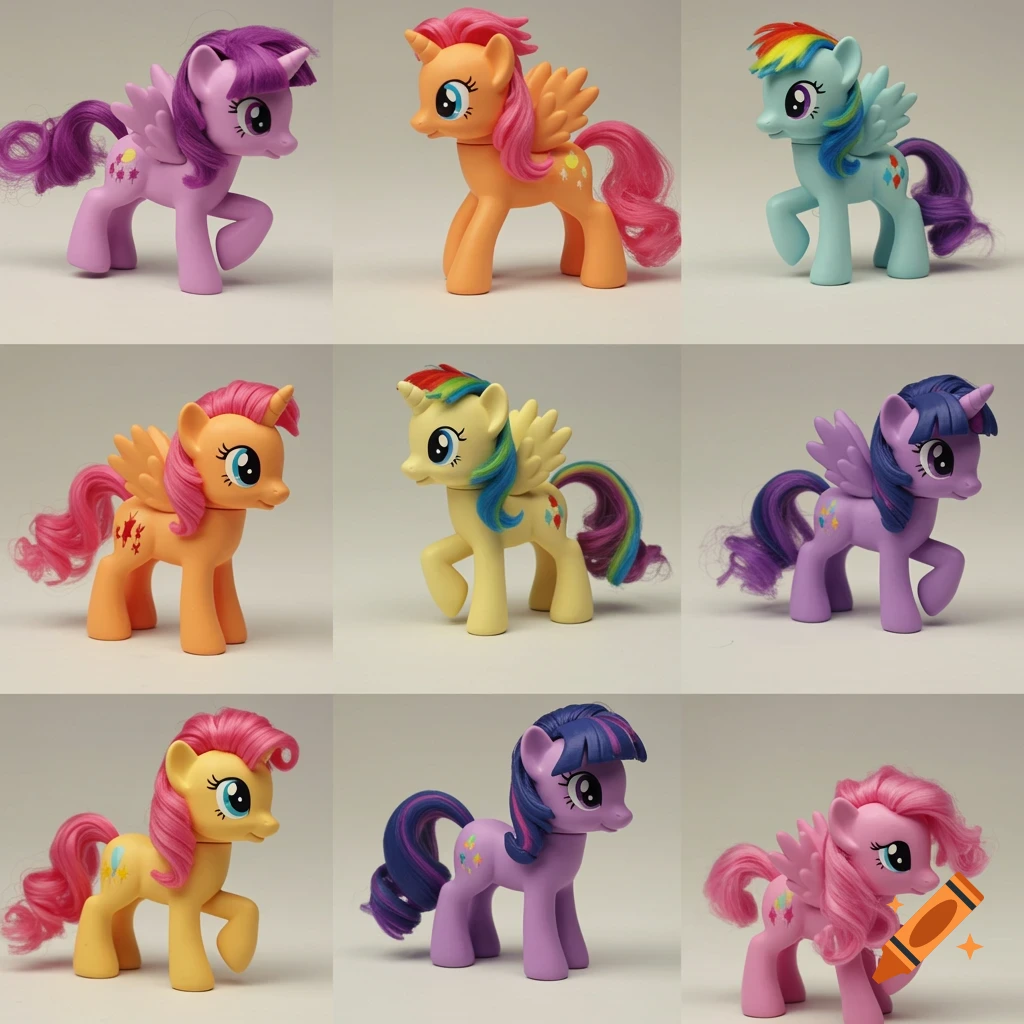 My Little Pony action figures running through a meadow on Craiyon