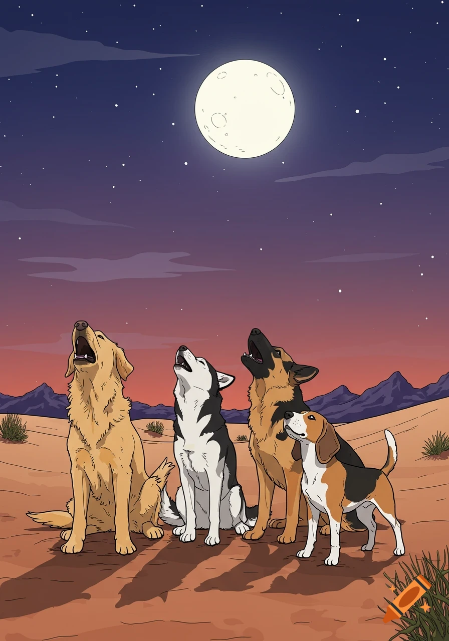 Four dogs howling at the moon in a desert landscape, comic book style on Craiyon