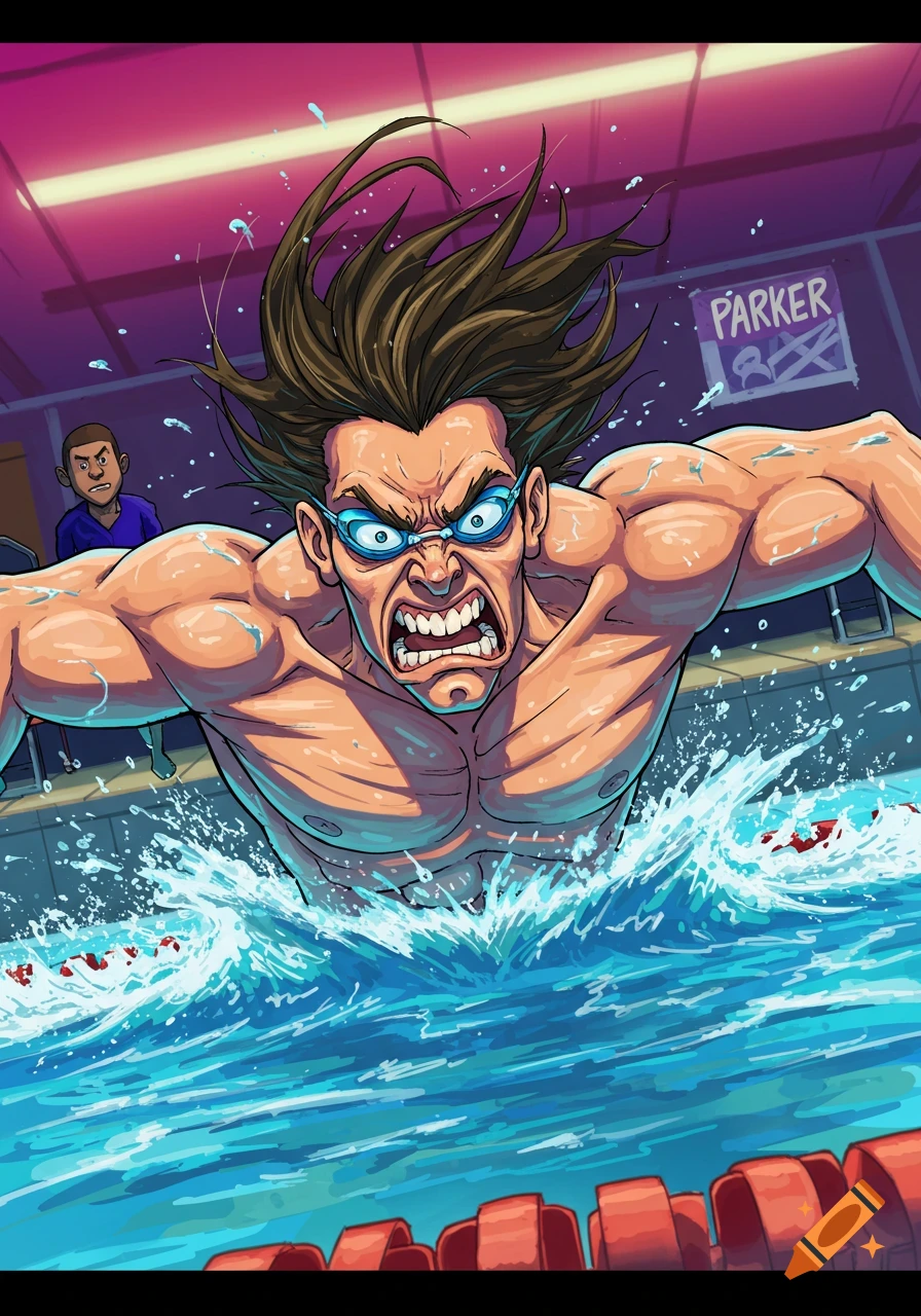 Cartoon illustration of a mad swimmer in a pool, splashing water and ...