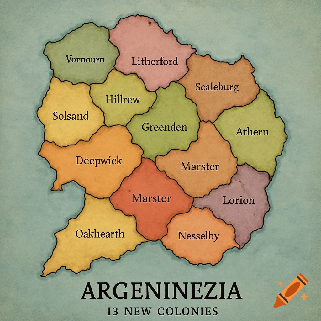 Map of newly discovered land Argeninezia with 13 new colonies on Craiyon
