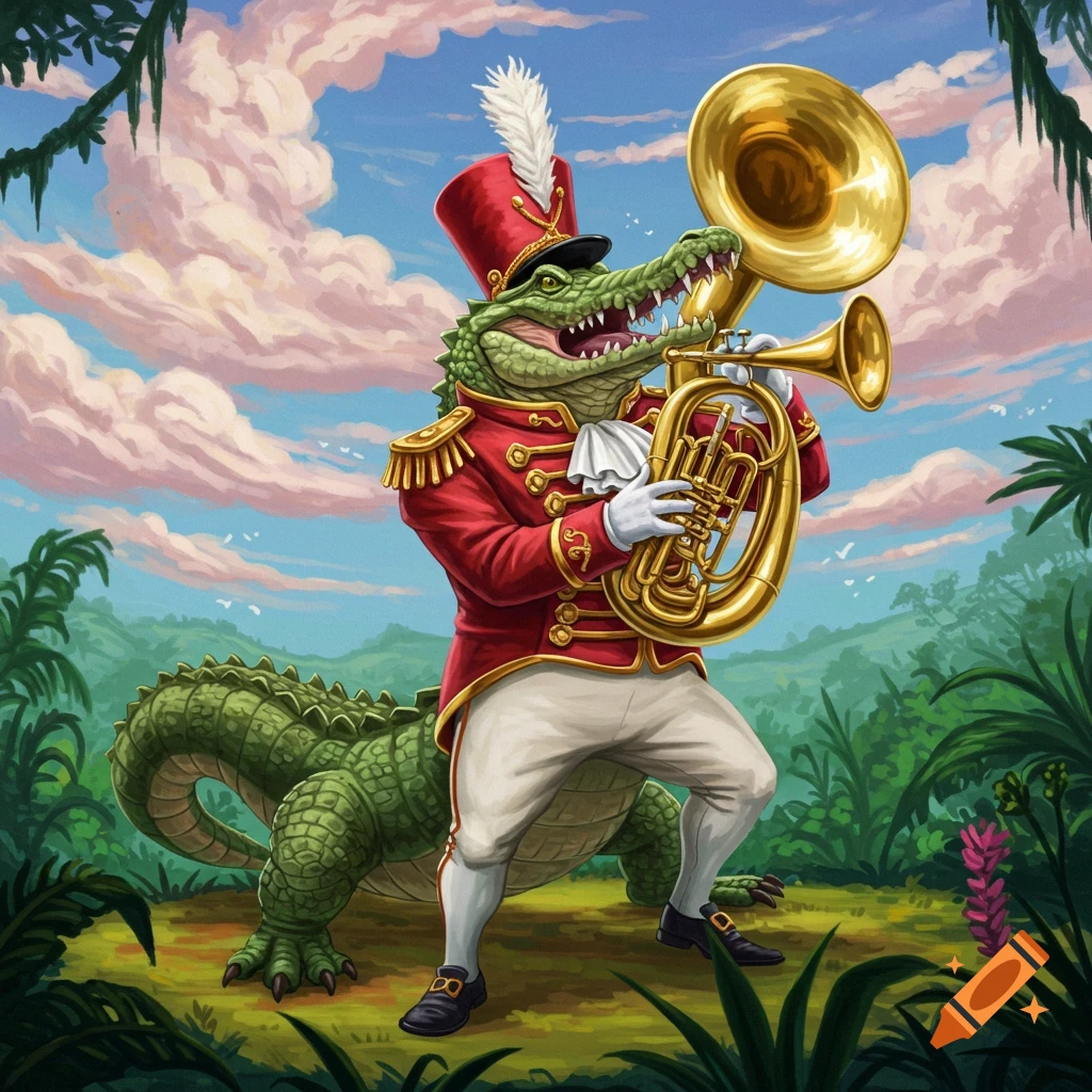 An illustrated alligator in a pink band uniform playing a brass ...