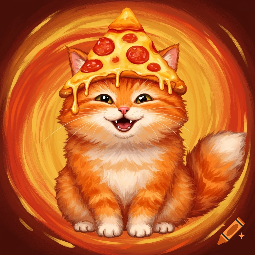 A fluffy orange cat wearing a slice of pepperoni pizza like a hat. on ...
