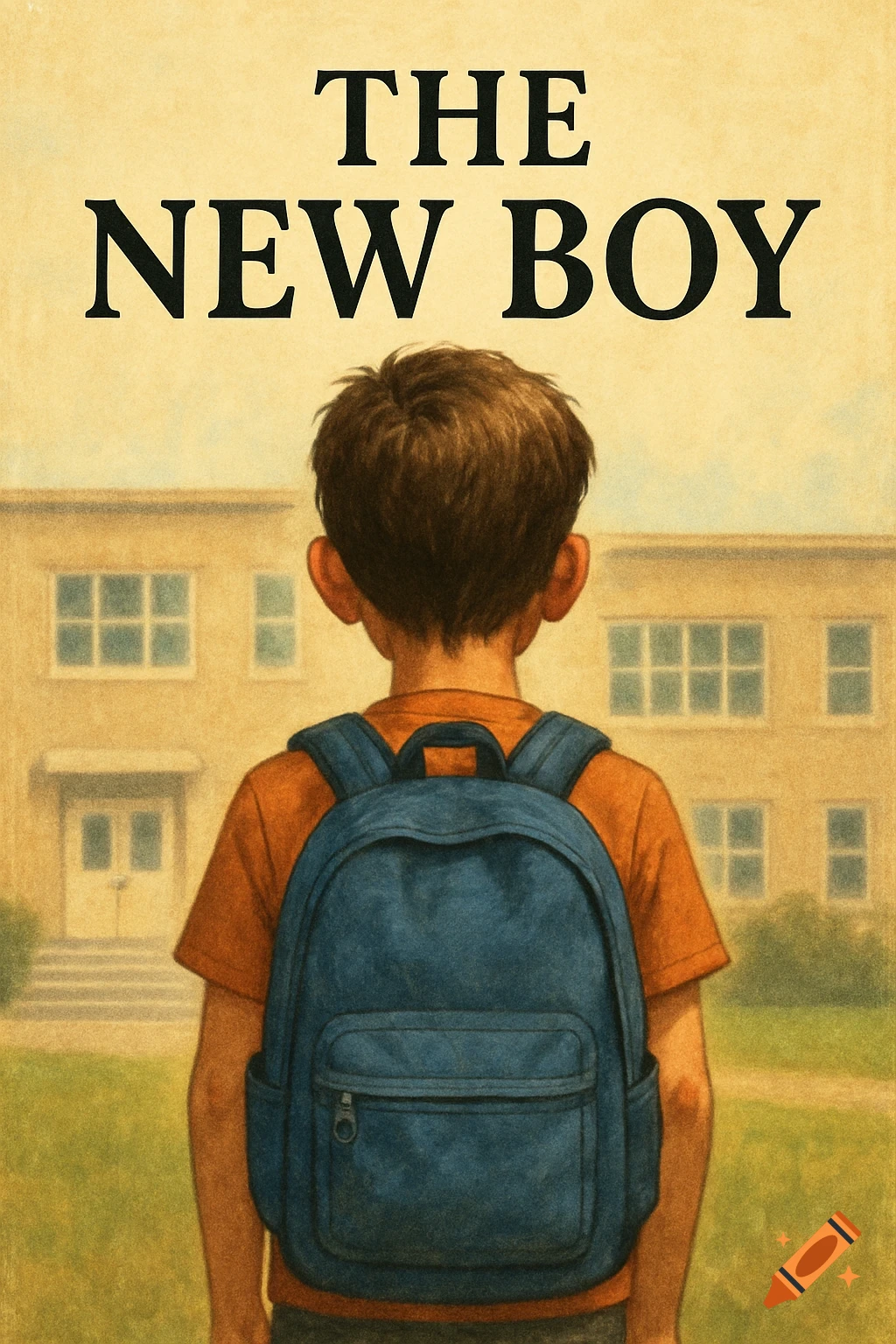 Illustrated book cover of a boy with a backpack facing a building, text ...