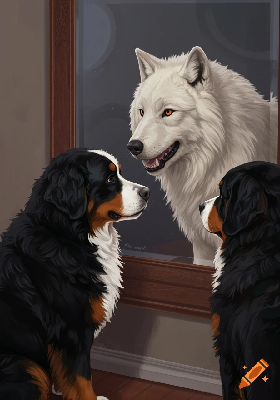 Bernese mountain dog looking into a mirror with a dire wolf reflection ...