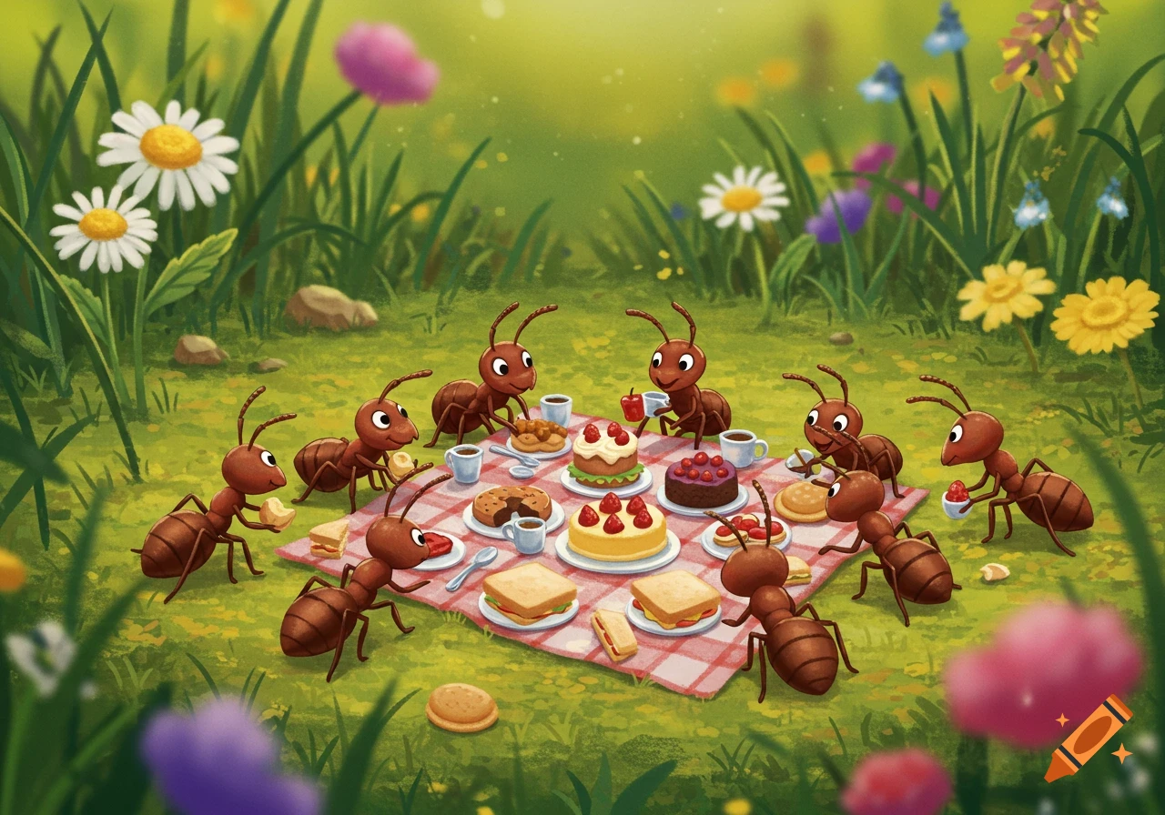 A large animated ant gestures towards several smaller ants in a vibrant ...