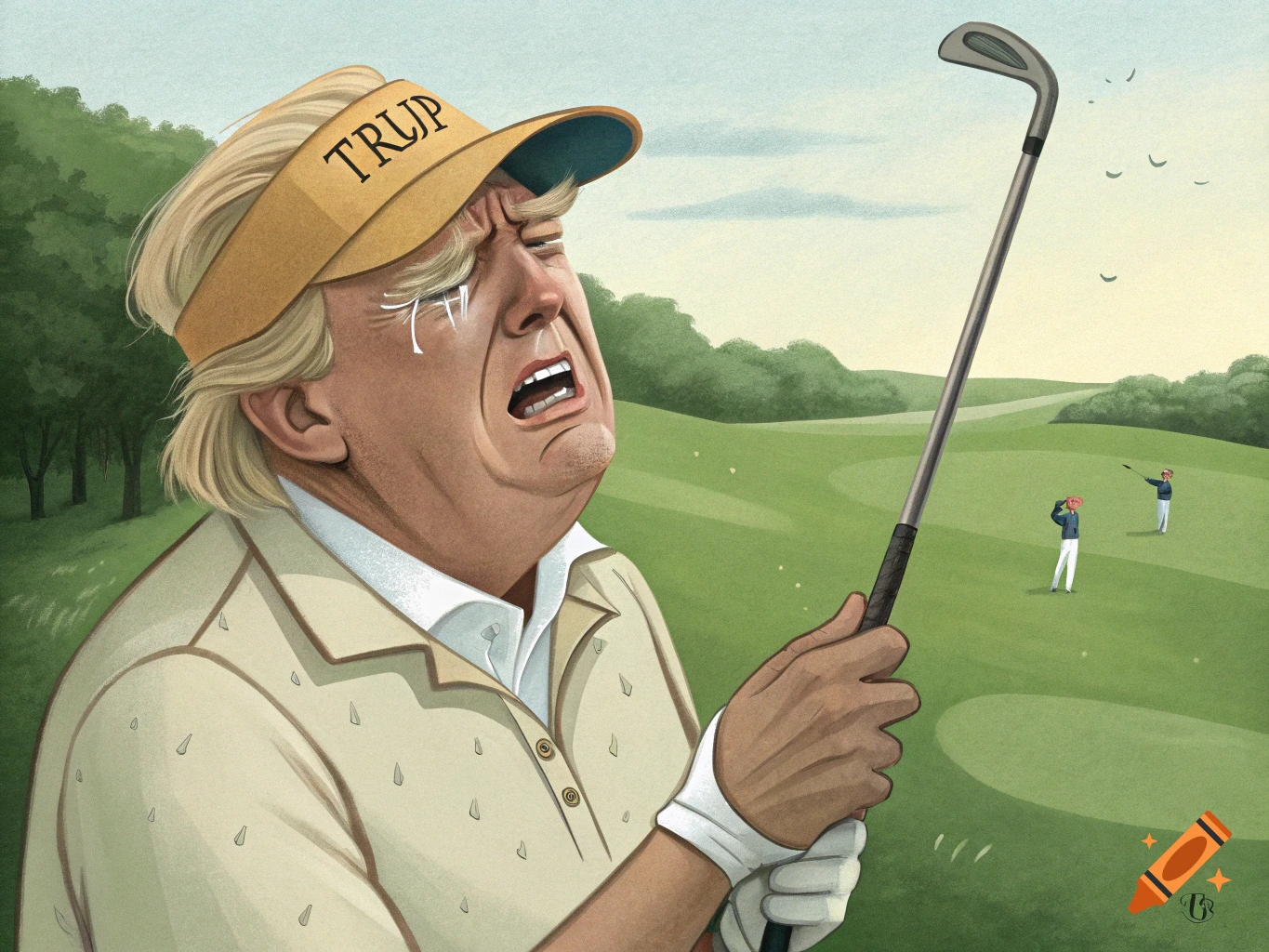 Caricature of a figure resembling Donald Trump crying on a golf course ...