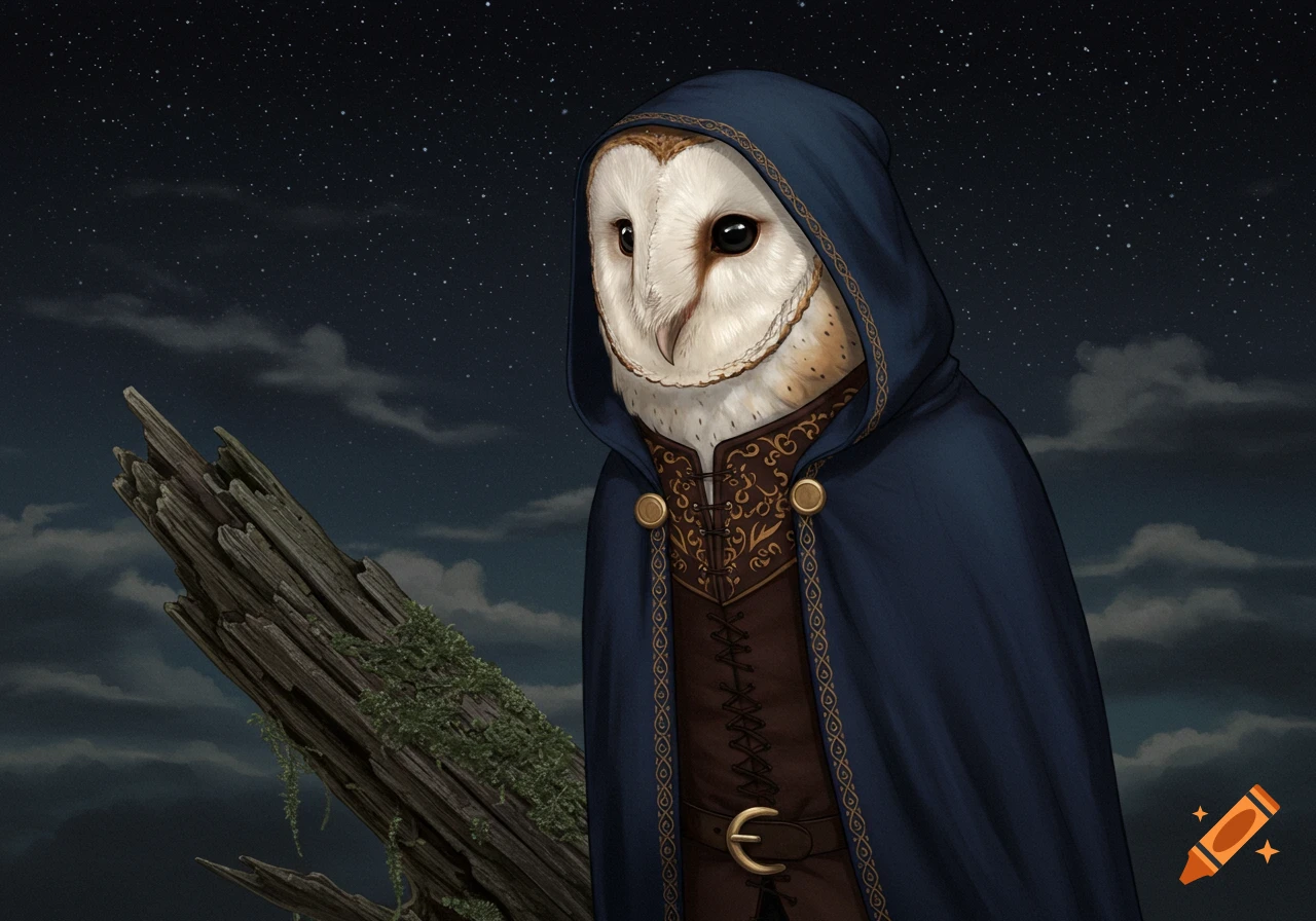 Barn owl in tunic and hooded robe on Craiyon