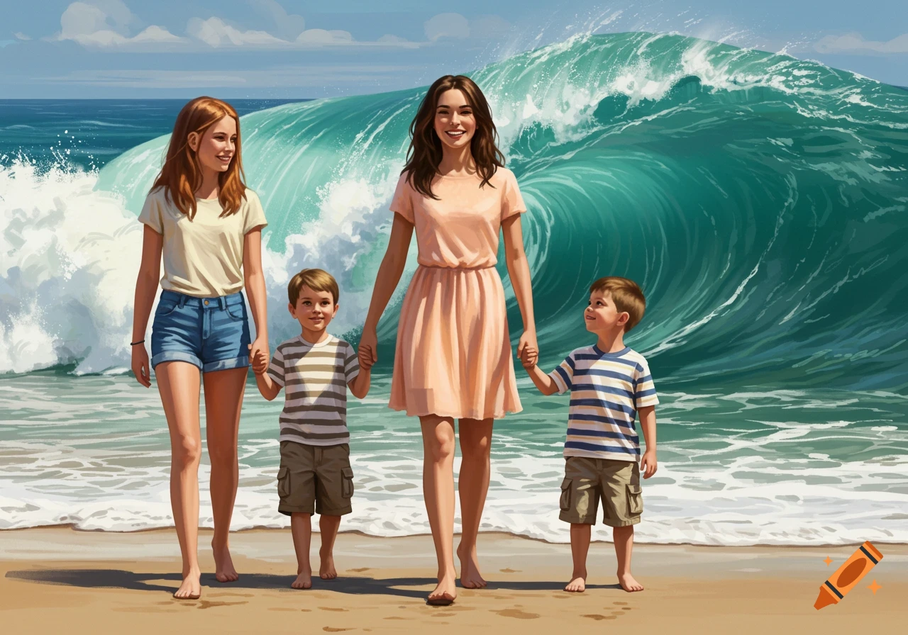 Woman and two children smiling on beach with large wave on Craiyon