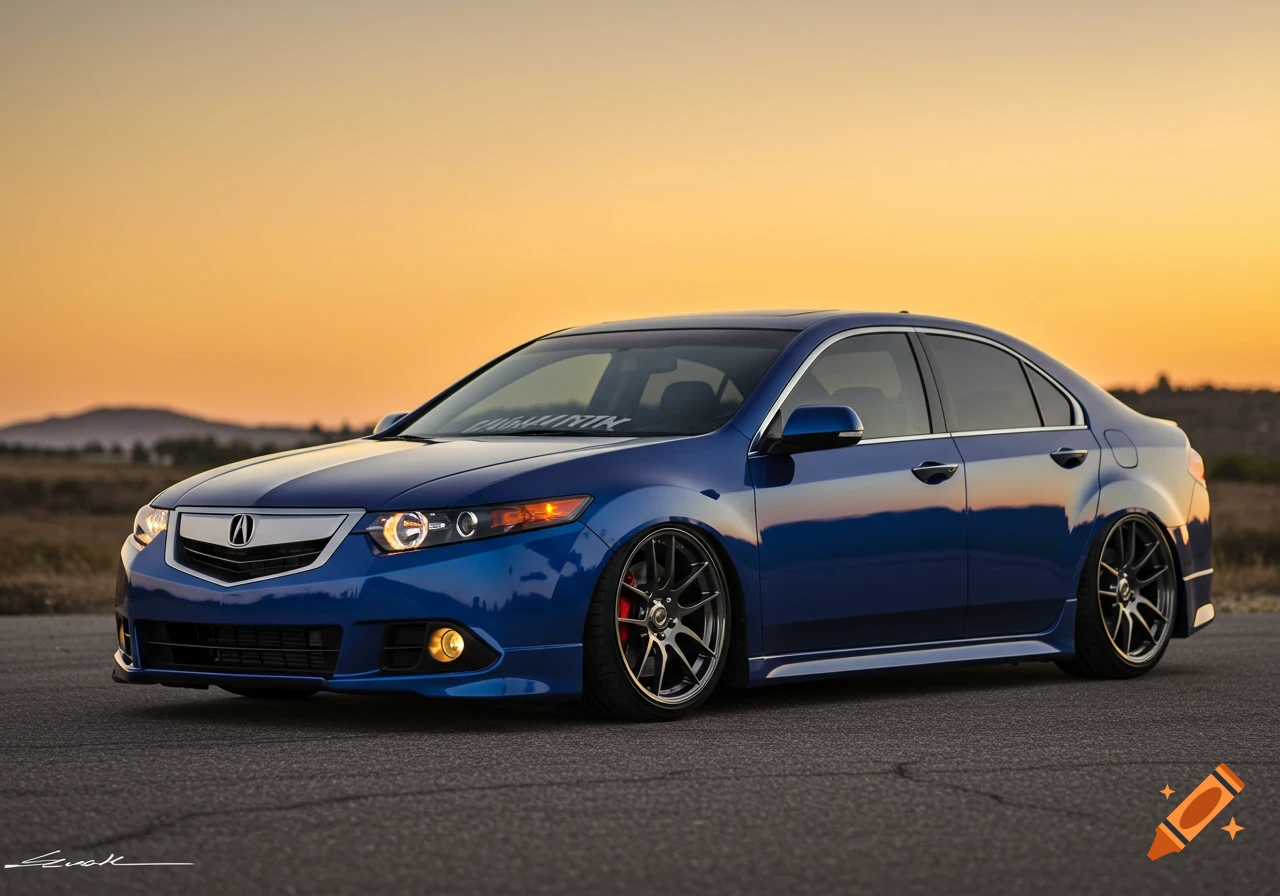 Blue lowered Acura TSX sedan parked on asphalt at sunset on Craiyon