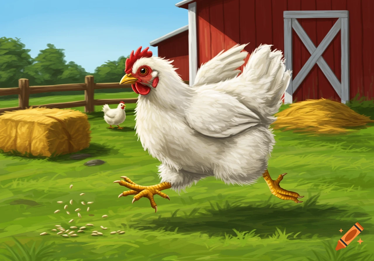A white chicken runs across a grassy farmyard near a red barn and hay ...