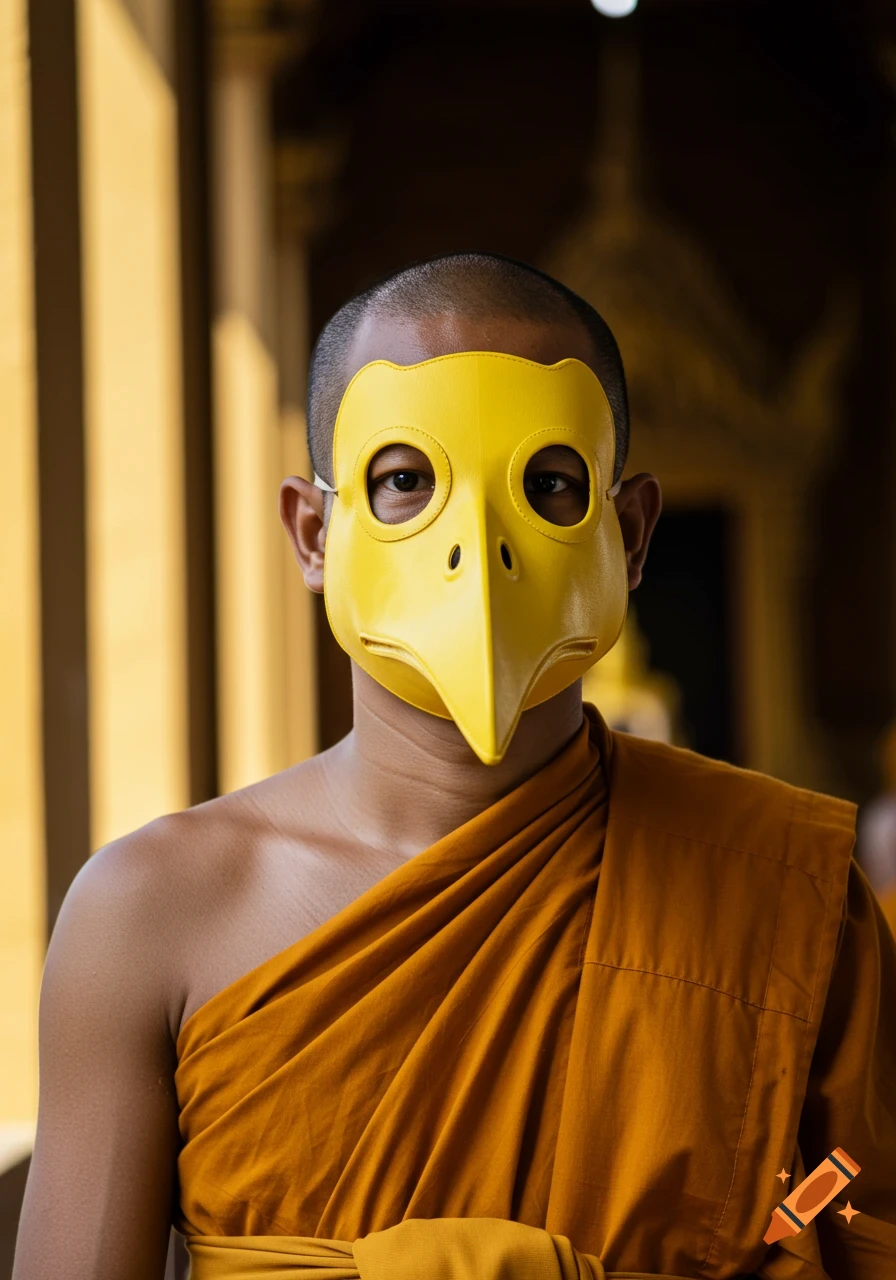 A person in a monk's robe wearing a yellow duck mask. on Craiyon
