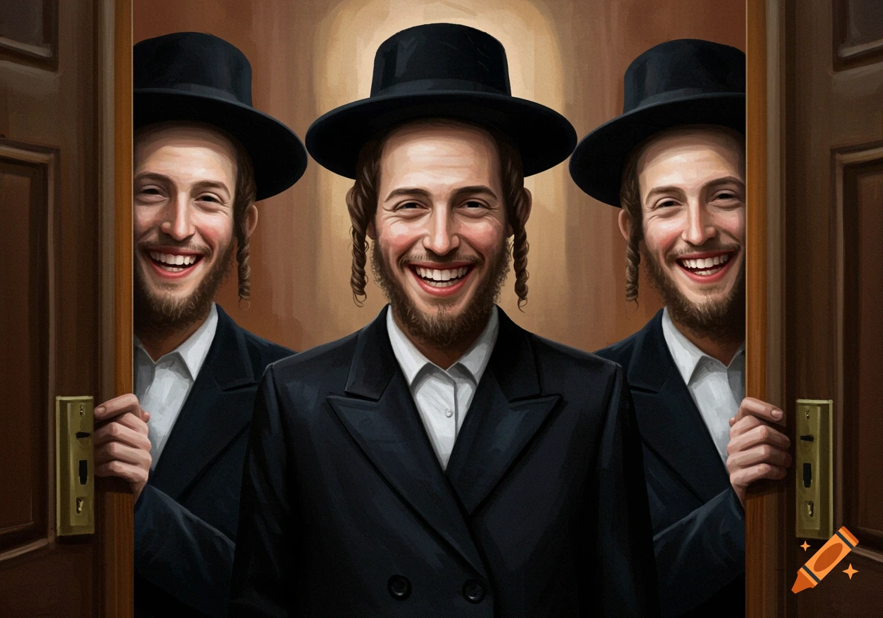 Three Jewish men smiling behind doors with blurred faces on Craiyon