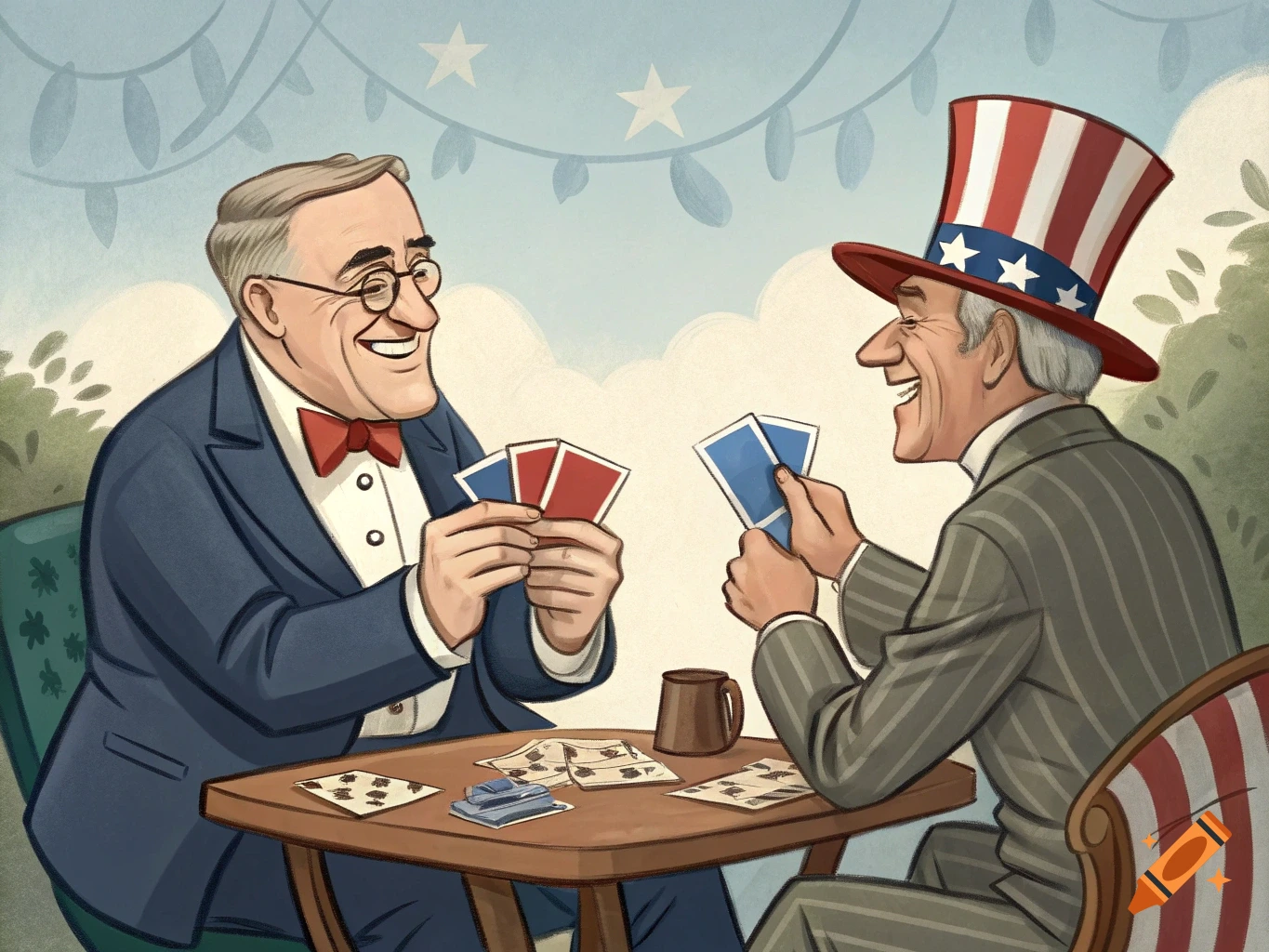 Cartoon illustration of Franklin Roosevelt and Uncle Sam playing cards ...