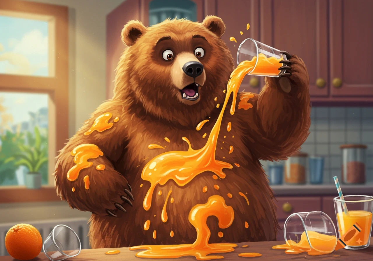 Cartoon bear with orange juice spill on Craiyon