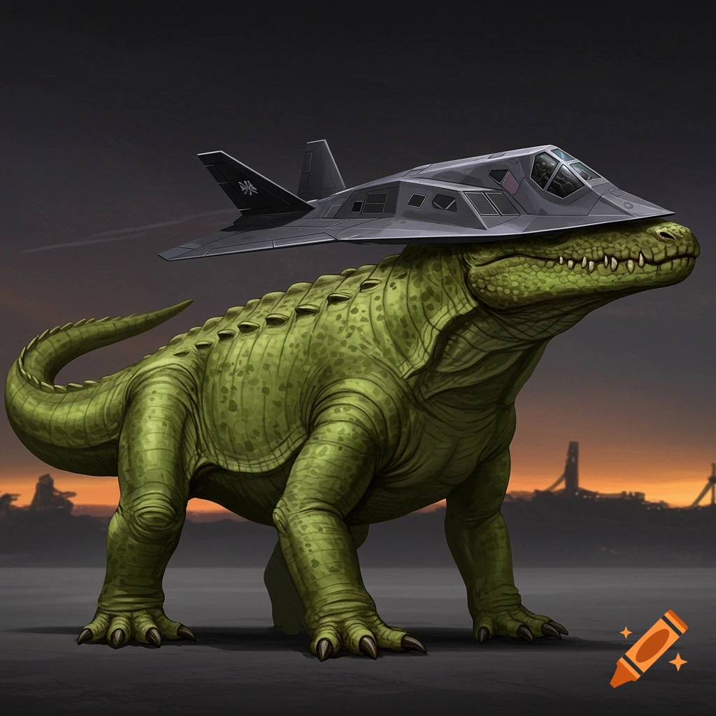 An orange scaly creature has a black stealth jet as its head. on Craiyon