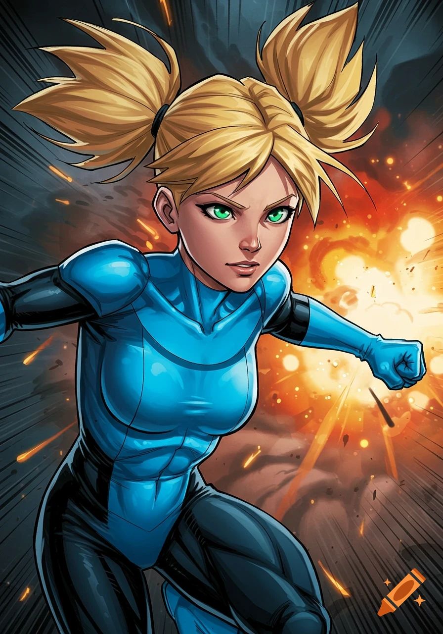 Comic book cover of a superheroine in a blue suit holding a glowing ...