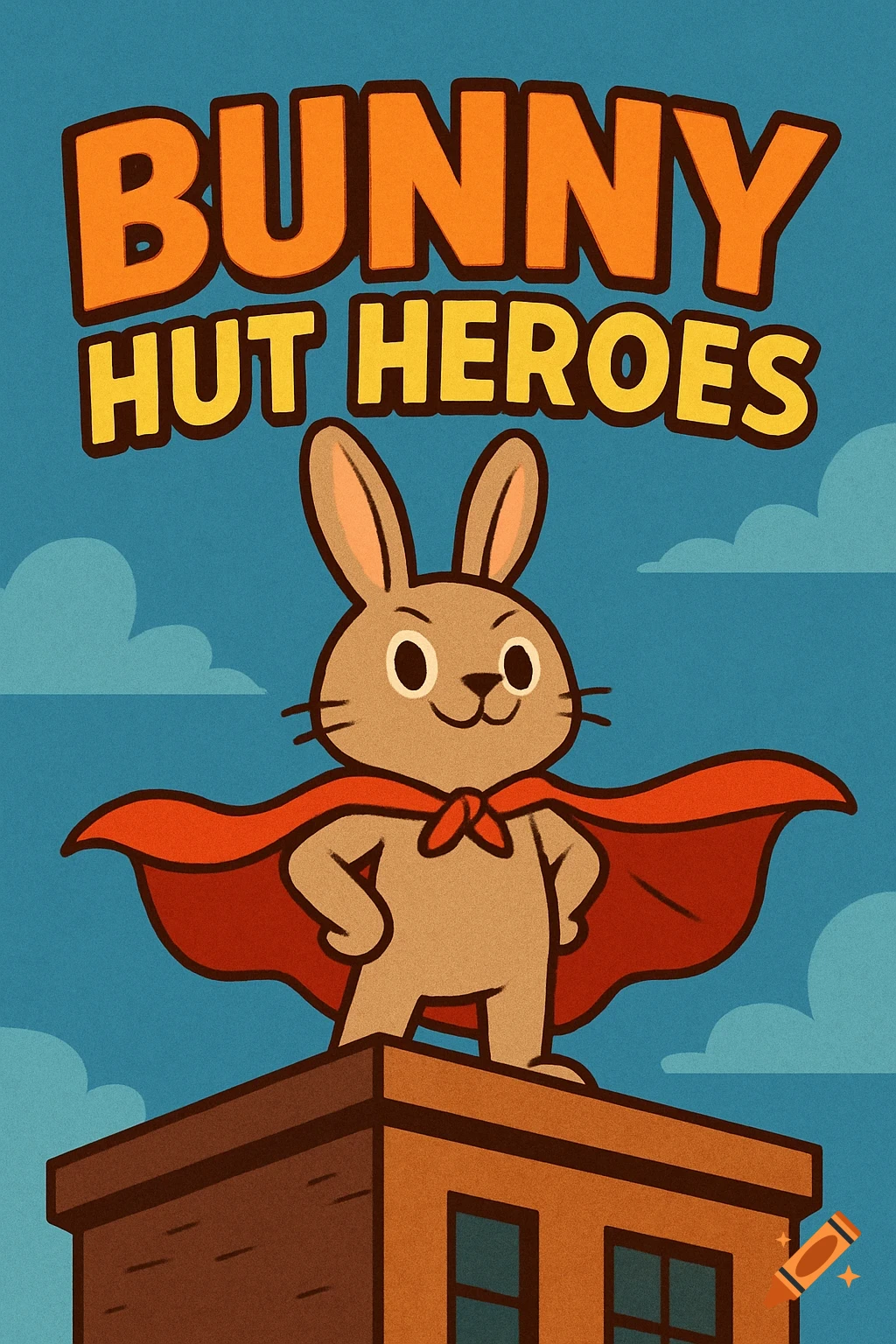 Cartoon bunny superhero on building with 'Bunny Hut Heroes' text on Craiyon