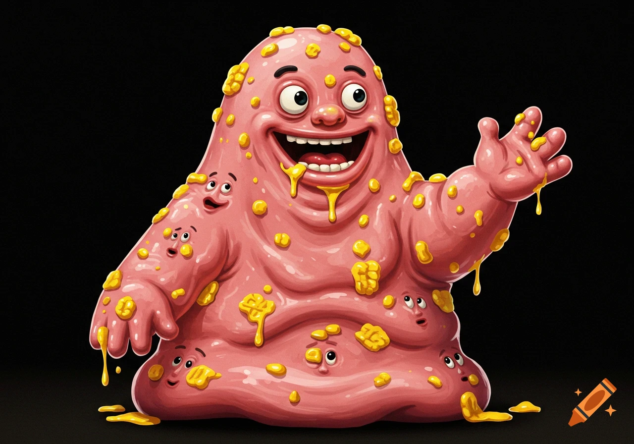 A pink blob-like monster made of multiple faces with yellow spots, waving. on Craiyon