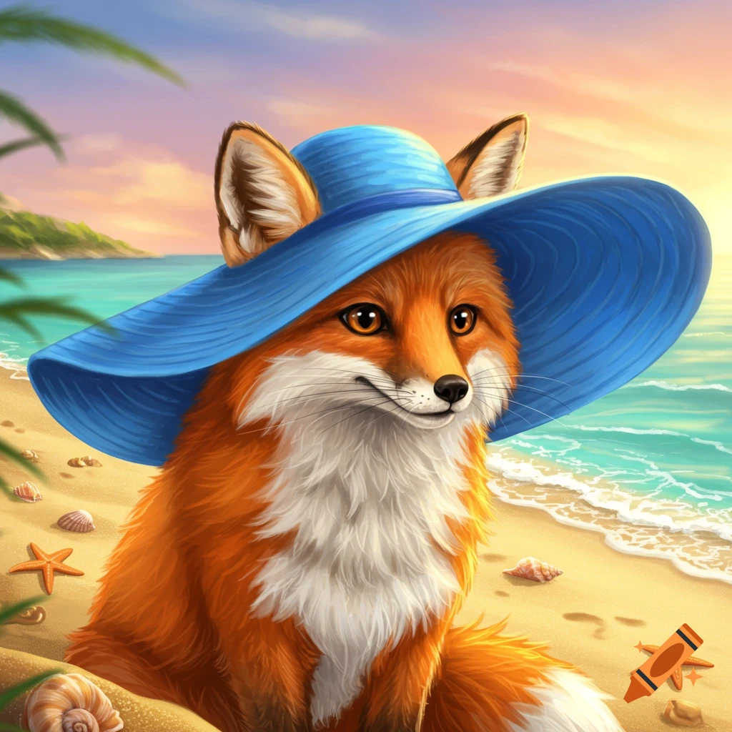 A fox in a blue hat on a sunny beach. on Craiyon