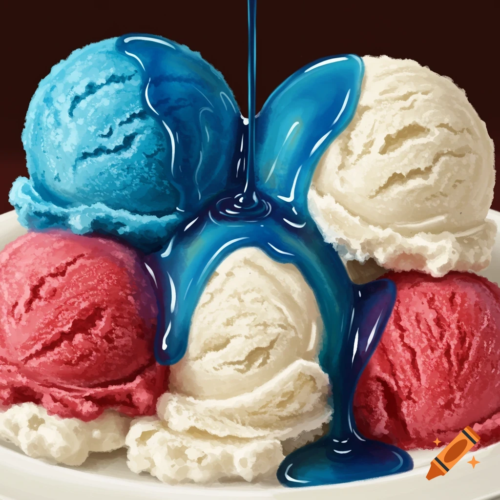 Blue ice cream topped with blue candy and raspberries on Craiyon