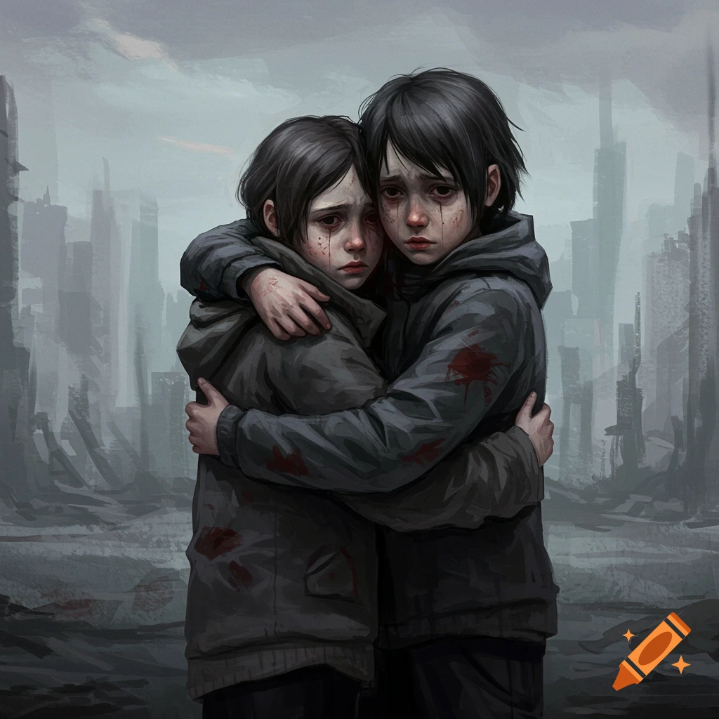 Dystopian siblings hugging, faces hidden. Style unclear. on Craiyon