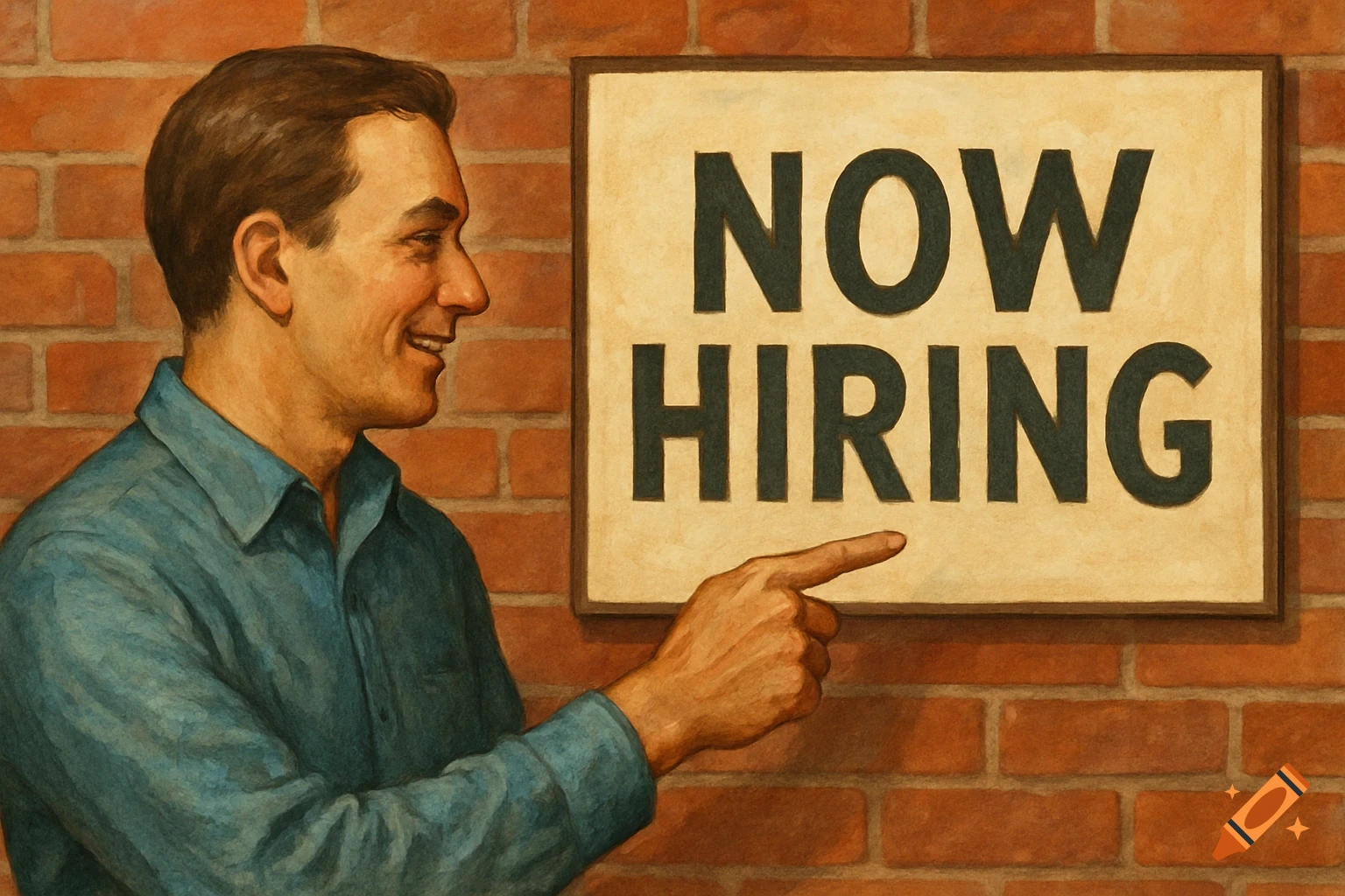 A man pointing at a NOW HIRING sign. on Craiyon